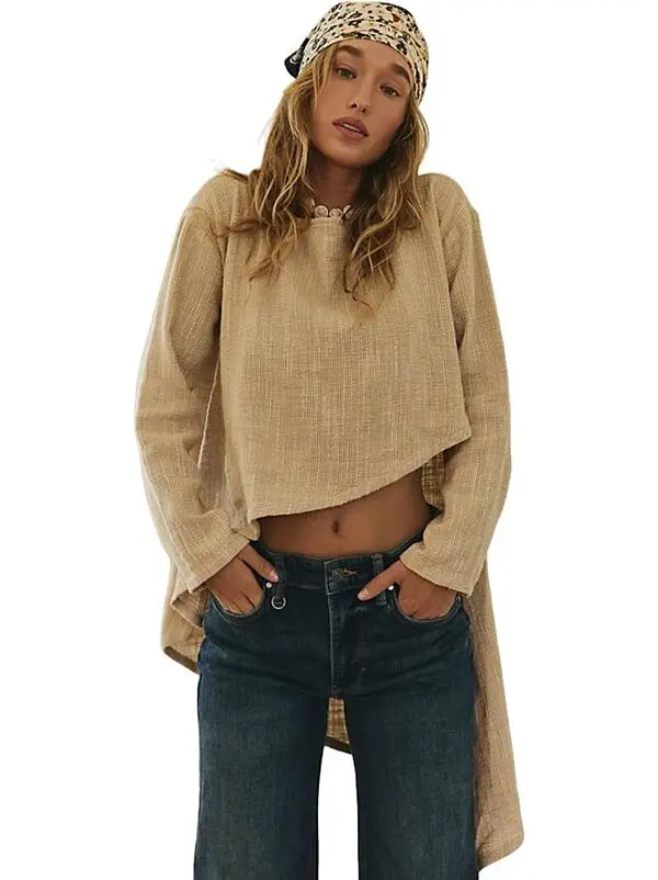 Free People Asymmetrical Long Sleeve Textured Top - Natural