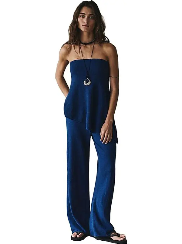 Free People Asymmetrical Tube Top And Wide-leg Pant Set - Poseidon