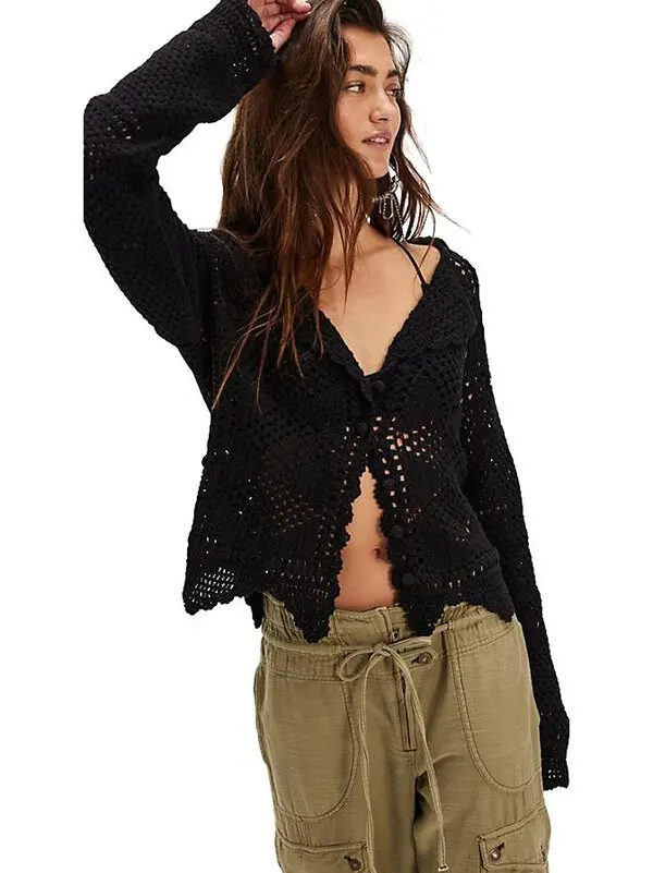 We The Free Crochet Cardigan With Scalloped Hems And Notched Lapels - Black