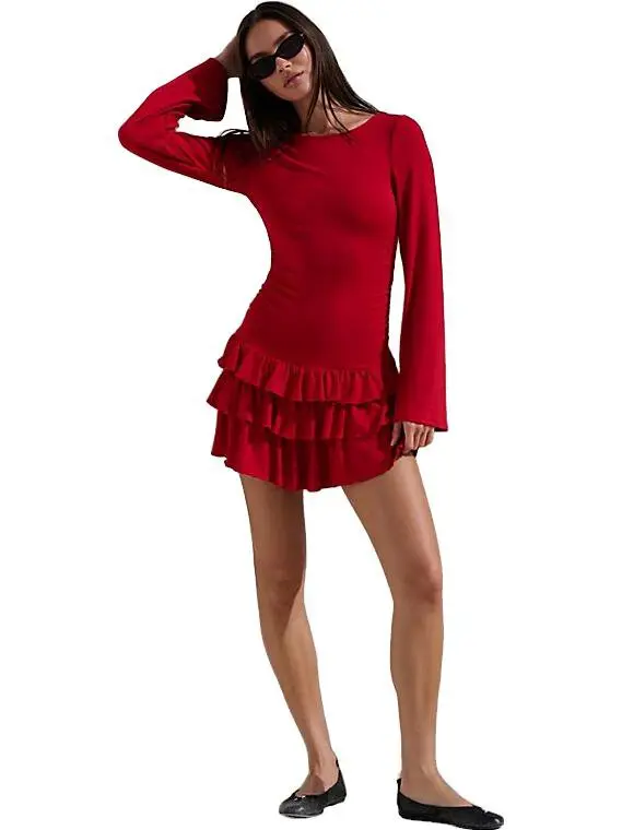 Free People Long Sleeve Ruffle Mini Dress - Salsa