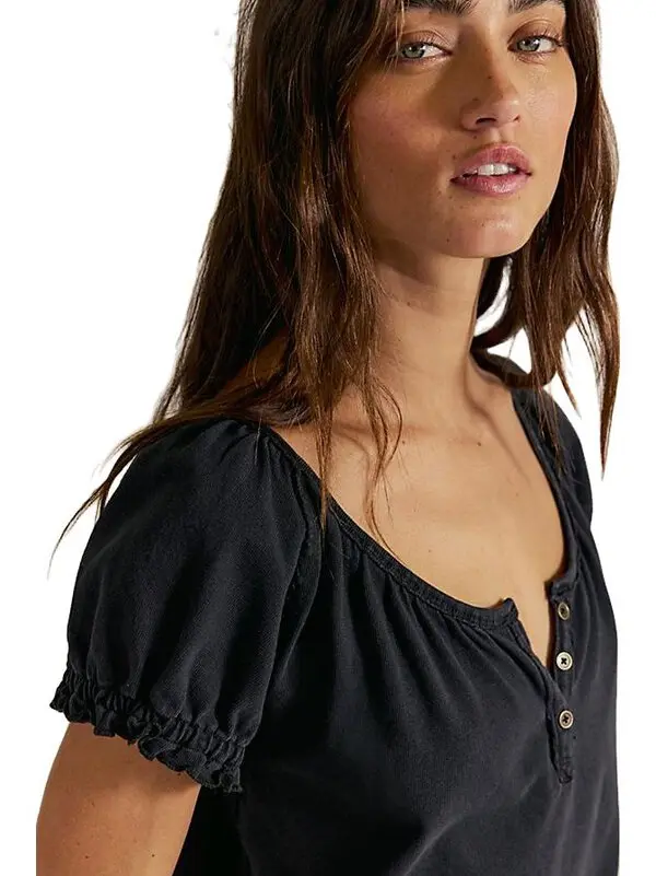 We The Free Puffed Sleeve Henley Tee - Black