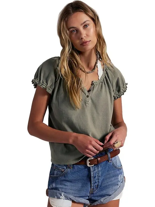 We The Free Puffed Sleeve Henley Tee - Laurel Oak