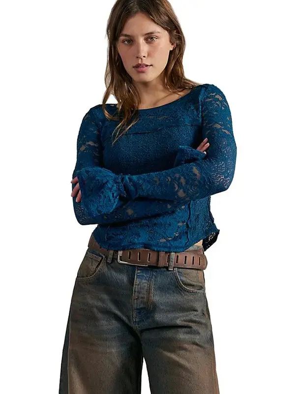 Free People Sheer Lace Flared Long Sleeve Top - Deep Dive