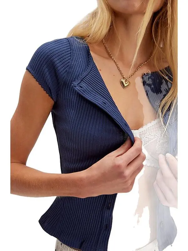 INTIMATELY Ribbed Button-up Cardigan With Capped Sleeves - Navy Academy