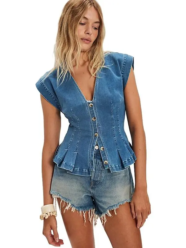 Free People Dylan Denim Vest Jacket - Medium Blue