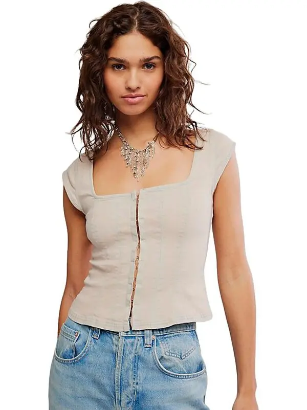 Free People Denim Corset Top With Square Neckline And Cap Sleeves - Tofu