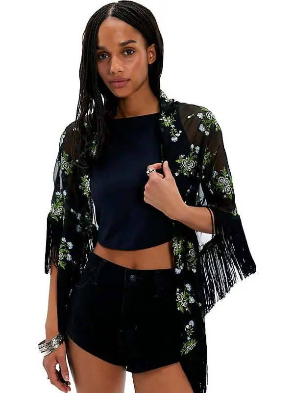 Anna Sui Embroidered Sheer Shawl With Fringe Trim - Black