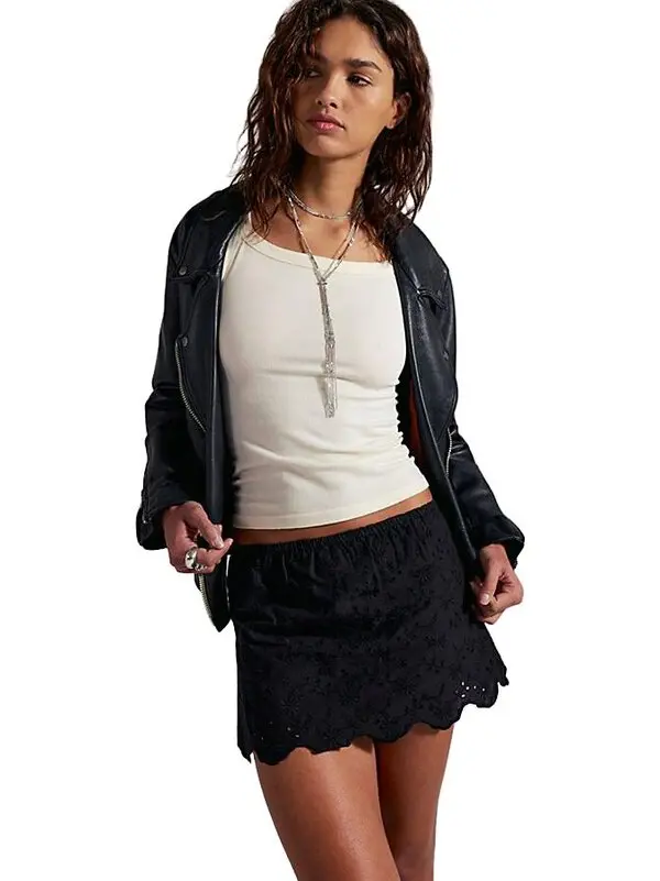 Free People Embroidered Eyelet Cotton Skort With Scalloped Trim - Black