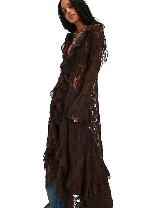 Free People Lace Maxi Top With Ruffle Detail - Deep Fudge
