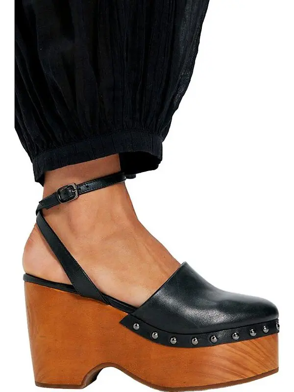 FP COLLECTION Studded Platform Clogs With Ankle Strap - Black