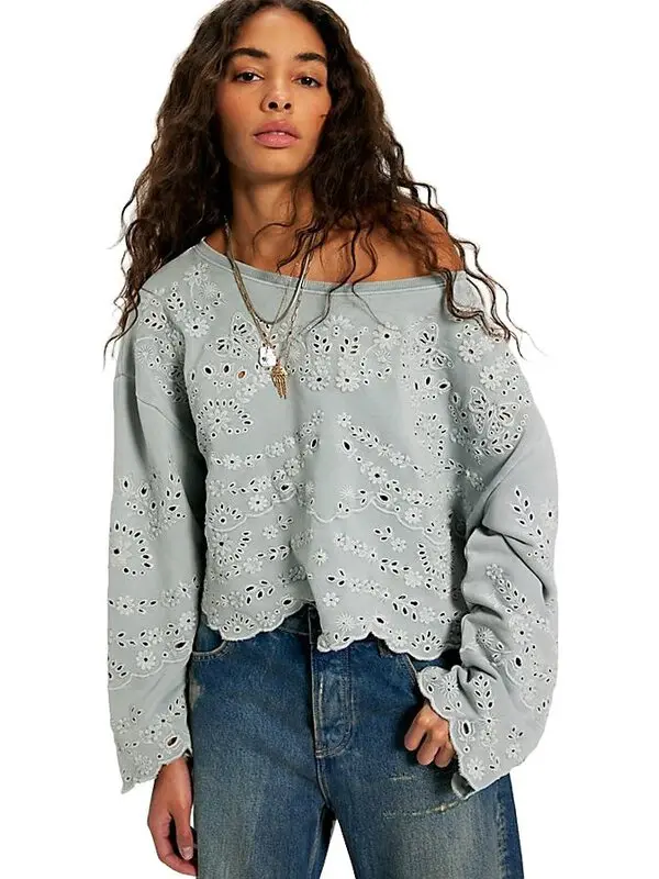 Free People Embroidered Eyelet Sweatshirt - Blue