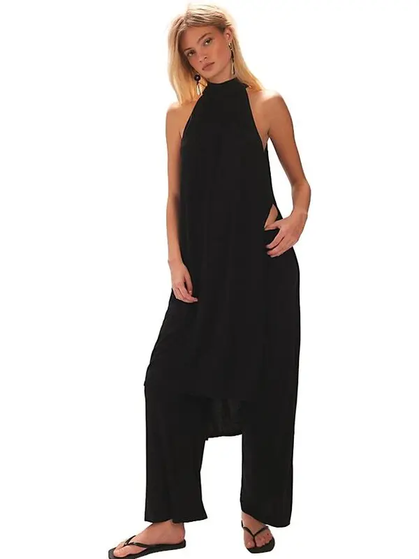 Free People Cascading Halter Tunic And Pull-on Pant Set - Black