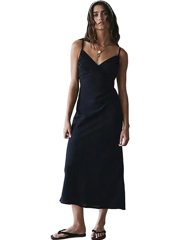 Free People Sandshell Linen Omnia Midi Slip Dress - Black