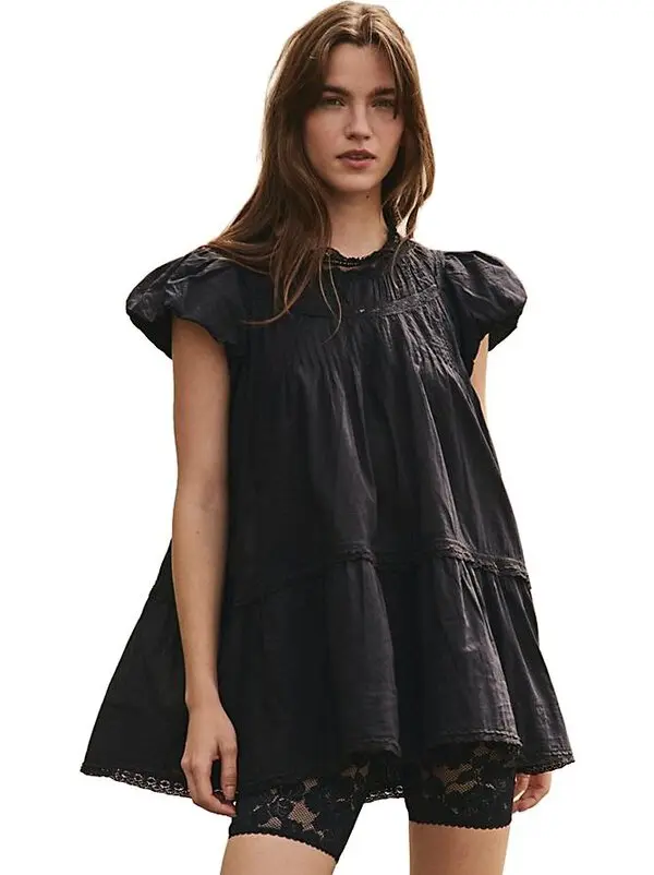 Free People Clarise Mini Dress With Pintucked Details And Lace Inlays - Black