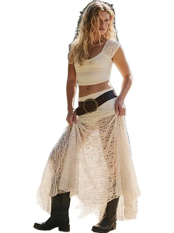 Free People Romantic Lace Set With Cropped Top And Maxi Skirt - Tea