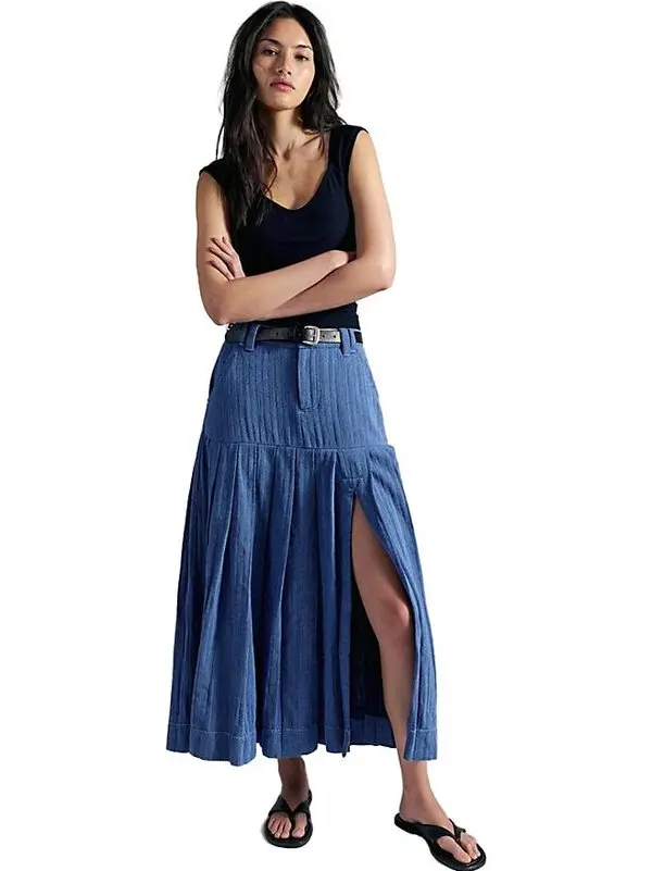 Free People Tailored Maxi Skirt With Pleating And Slit Hem - Navy Combo