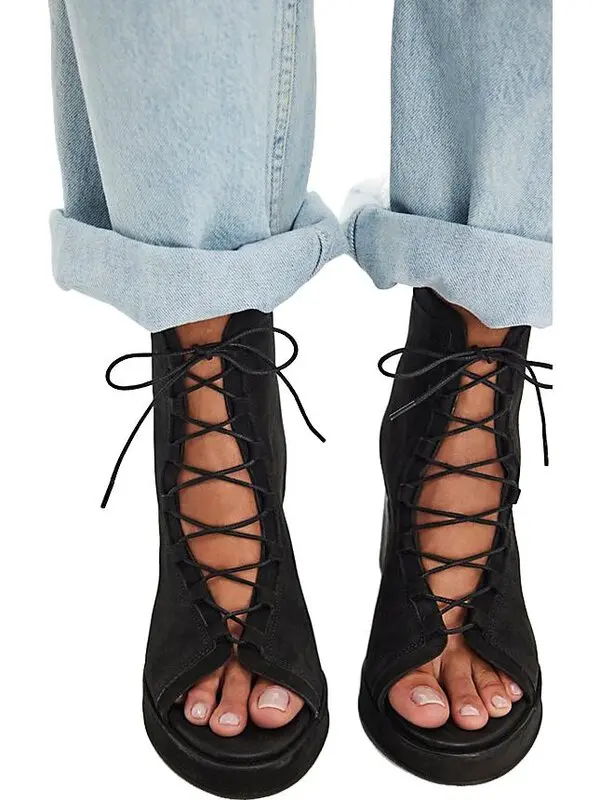 FP COLLECTION Lace-up Block Heel Sandals - Black