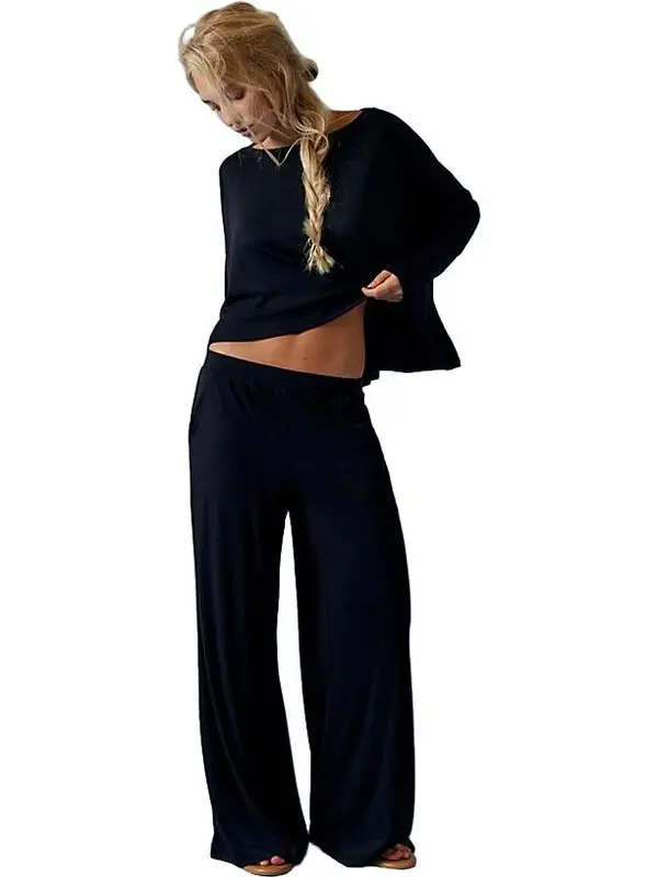 Free People Baby-rib Long Sleeve Top And Wide-leg Pants Set - Black