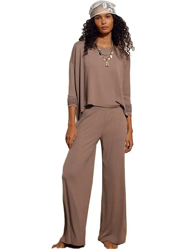 Free People Baby-rib Long Sleeve Top And Wide-leg Pants Set - Grey