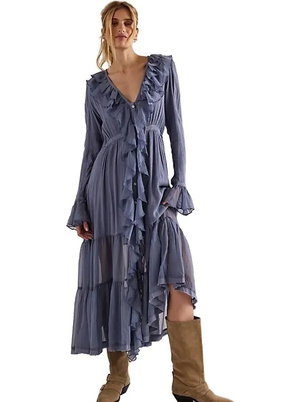 Free People Romantic Ruffled Tiered Midi Dress With Balloon Sleeves - Wild Wind