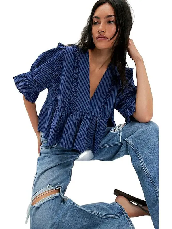 Free People Miley Cotton Top With Puff Sleeves And Ruffled Details - Navy Combo
