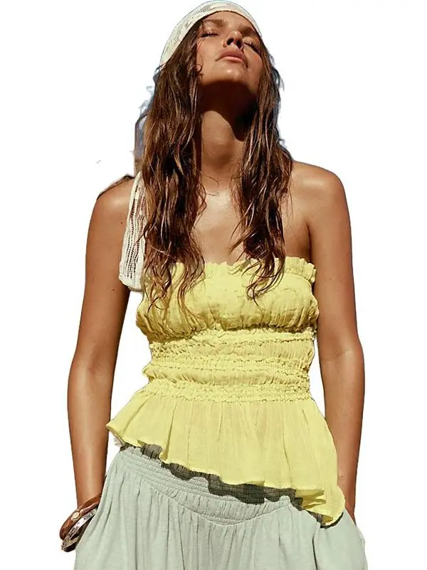 Free People Sheer Cotton Crinkle Tube Top With Asymmetrical Hem - Luminary Green