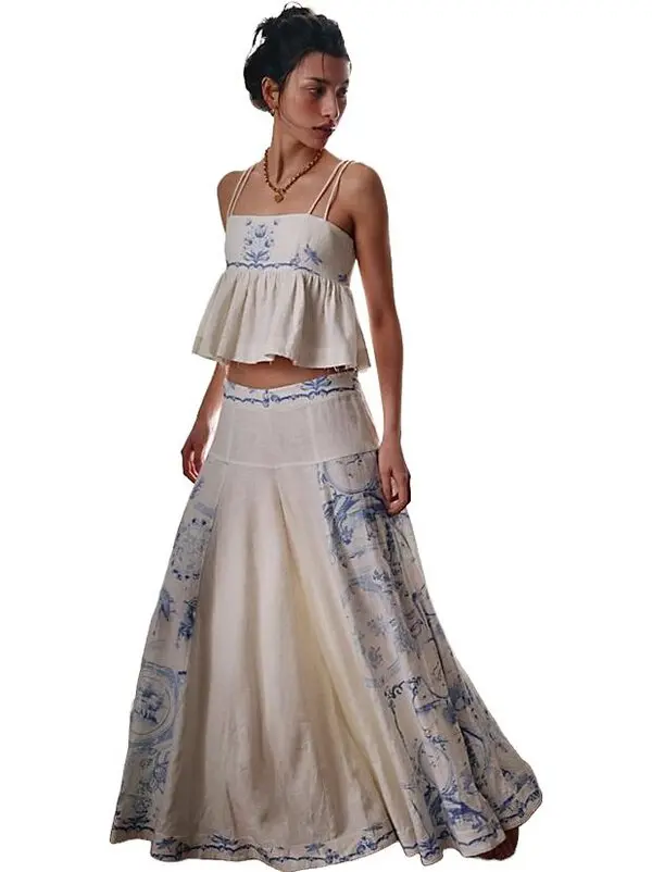 Free People Delft Dreams Linen-blend Babydoll Top And Wide-leg Pant Set - White Combo