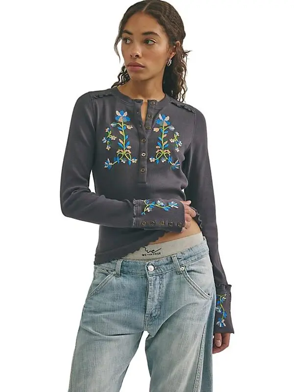 Free People Embroidered Cuff Henley Top - Graphite Combo