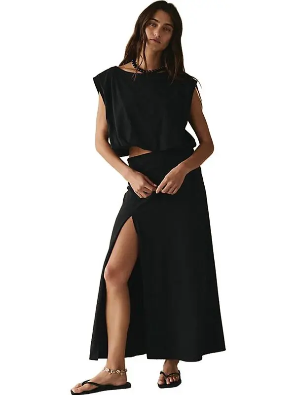 Free People Portia Cotton Jersey Muscle Top And Fold-over Skirt Set - Black