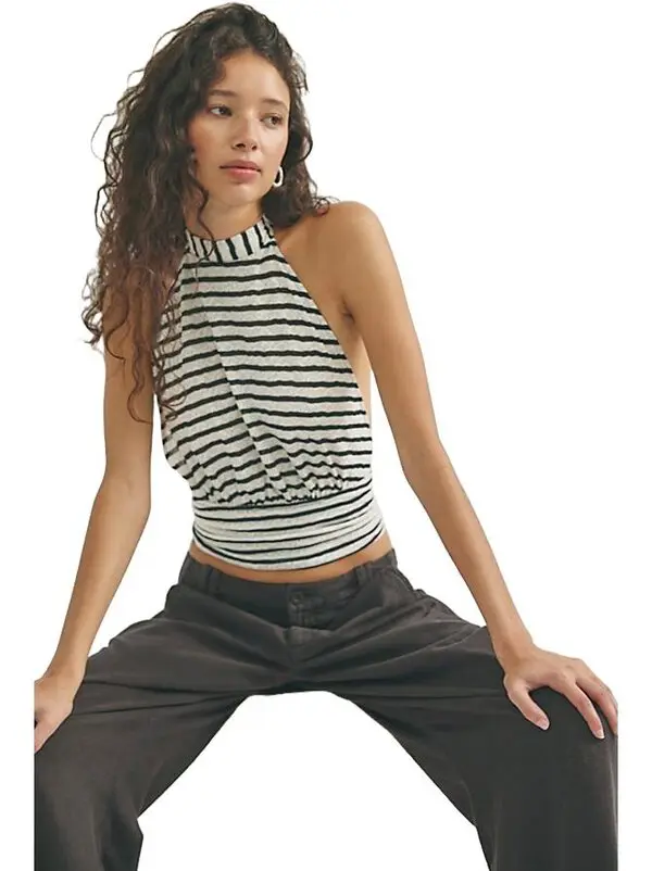 Free People Beatrice Halter Top With Striped Print And Tie Detail - Black