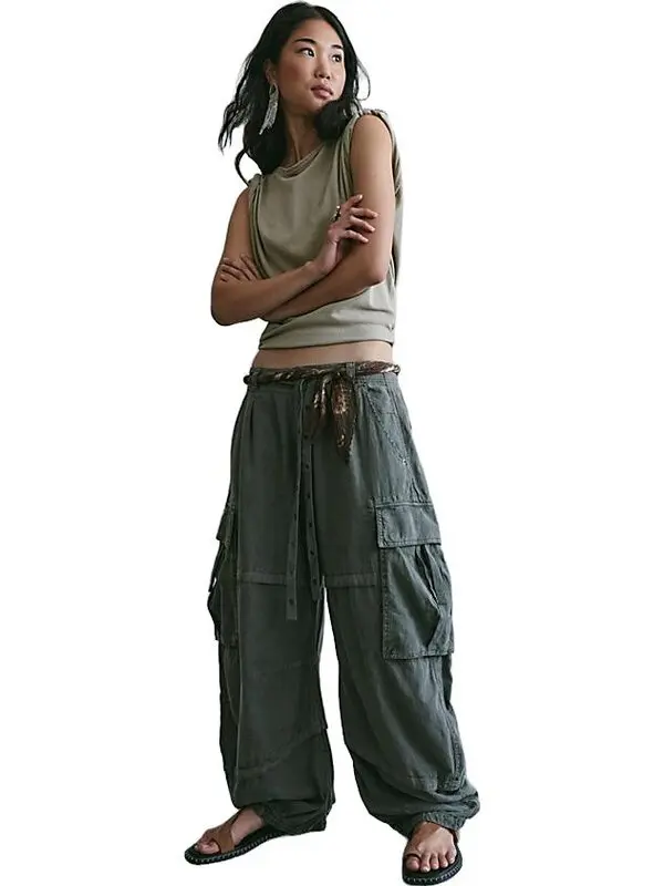 We The Free Reef Curved Linen Cargo Pants - Forest Shadow