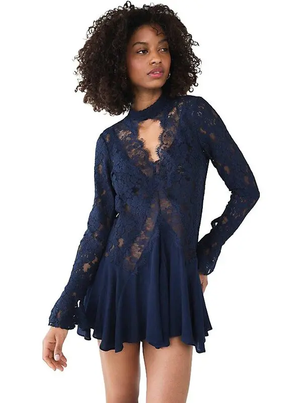 Free People Lace Tunic With Drop Waist And High-low Hem - Deeper Iris