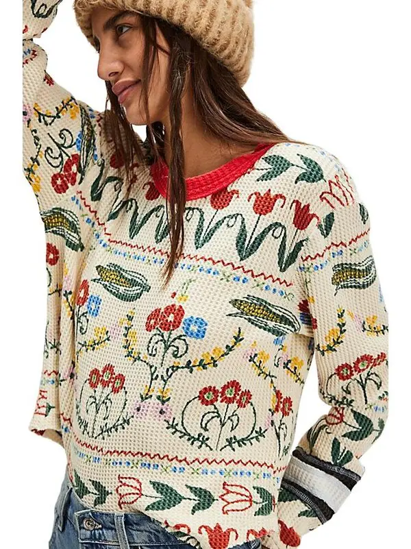 We The Free Waffle-knit Printed Long Sleeve Tee With Contrast Trim - Corn