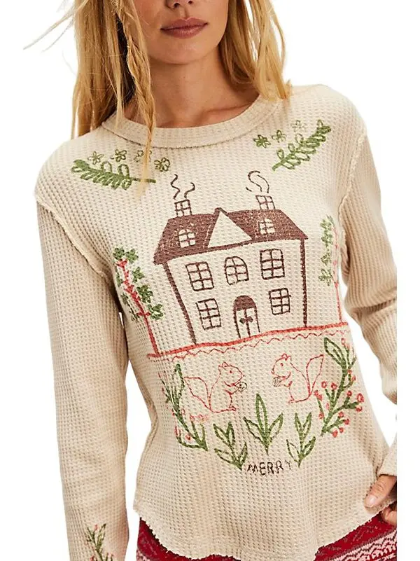 We The Free Waffle-knit Printed Long Sleeve Tee With Contrast Trim - Merry
