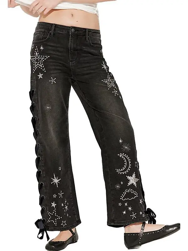 DRIFTWOOD Embellished Lace-up Straight Leg Jeans - Celestial
