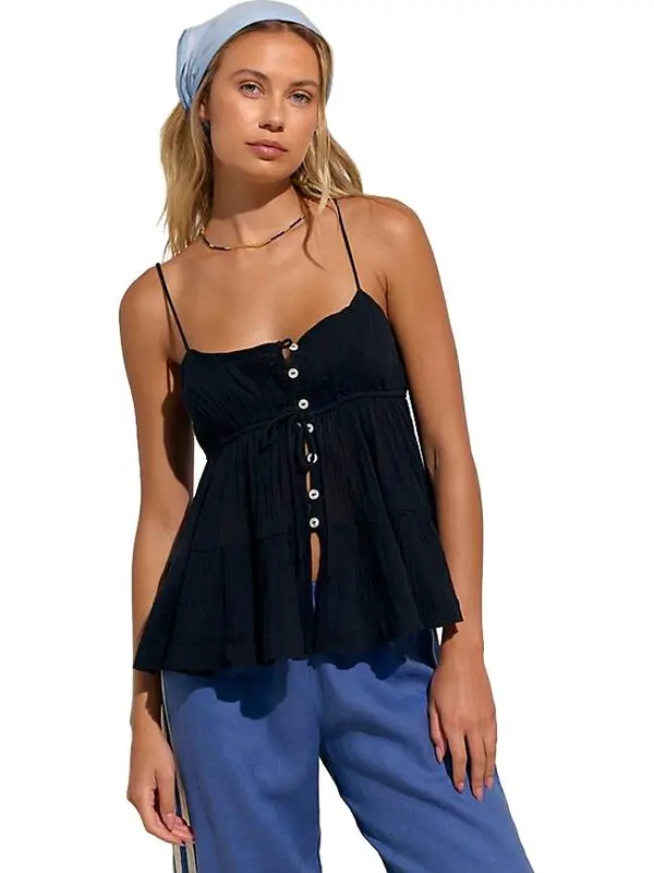 Free People Tiered Babydoll Tank With Front Tie Detail - Black