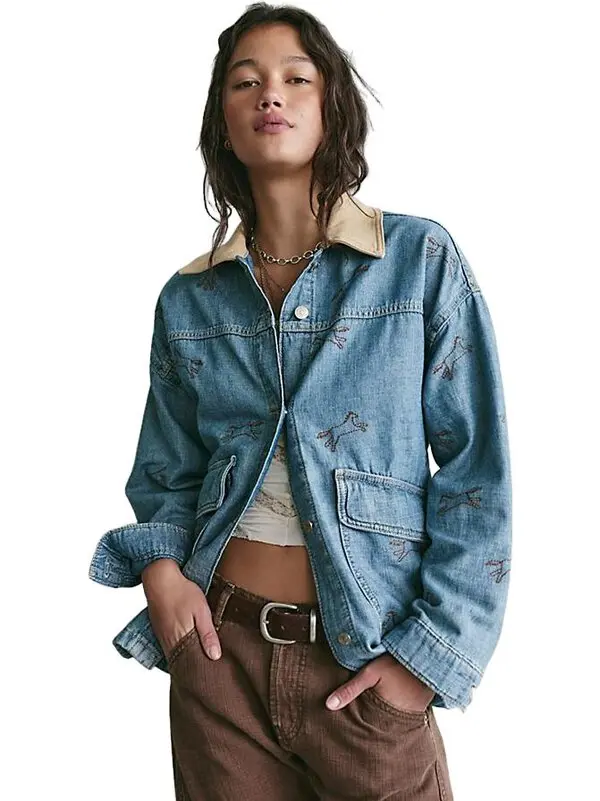 TRICIA FIX Embroidered Horse Denim Jacket - Blue
