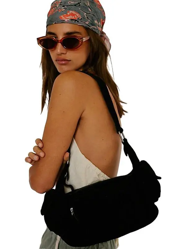 FP COLLECTION Suede Shoulder Bag With Exterior Pockets - Black