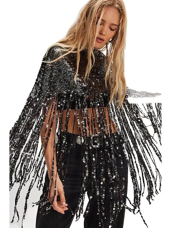 Free People All Night Long Sequin Cape Top - Black