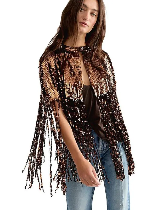 Free People All Night Long Sequin Cape Top - Bronze