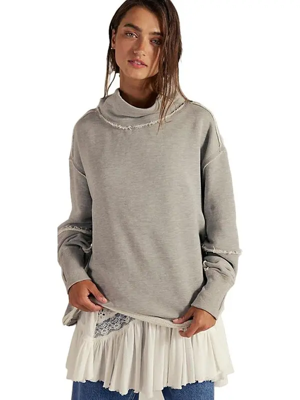 Free People Anna Turtleneck With Foldover Neckline And Dolman Sleeves - Heather Grey