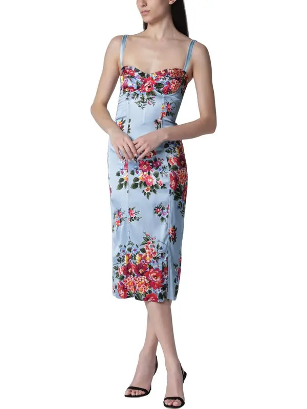 Dolce & Gabbana Twill Midi Dress With Floral Print - Light Blue
