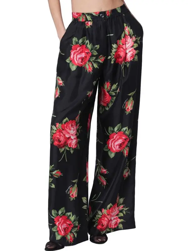 Dolce & Gabbana Wide Leg Trousers With Rose Bouquet Print - Multicolor