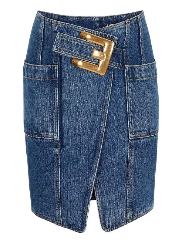 Balmain Belted Denim Midi Skirt With Gold-finish Buckle - Blue