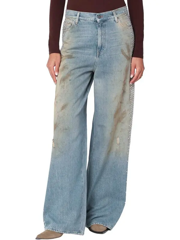 GOLDEN GOOSE Wide Leg Jeans With Distressed Effect - Light Blue