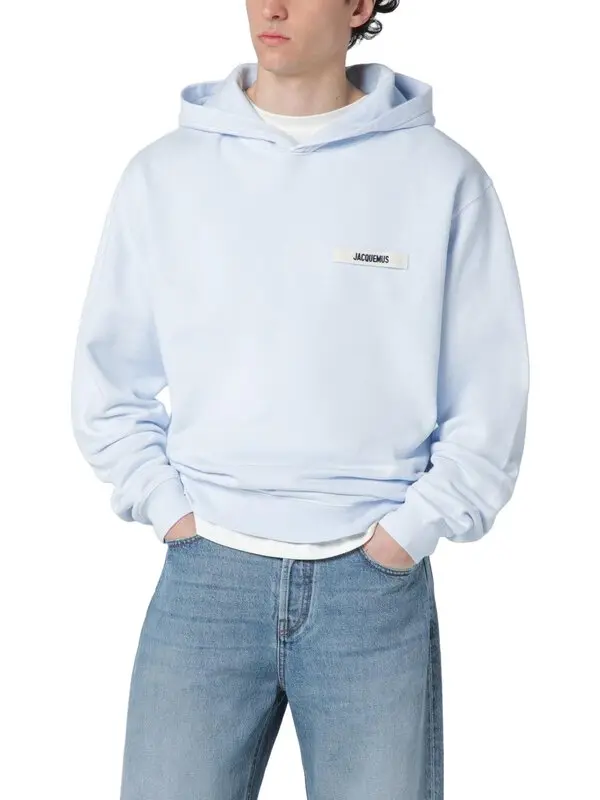 Jacquemus Cotton Fleece Hooded Sweatshirt With Grosgrain Logo Detail - Light Blue