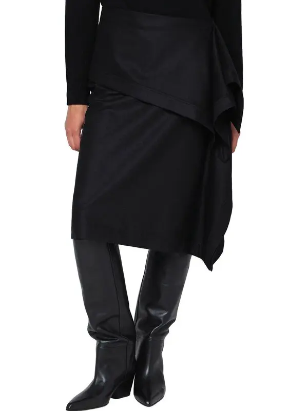 FERRAGAMO Asymmetrical Wool Skirt With Ruffle Detail - Black