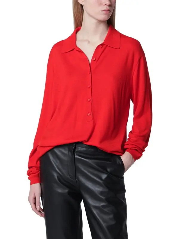 THE FRANKIE SHOP Tala V-neck Wool Blend Knit Polo - Red
