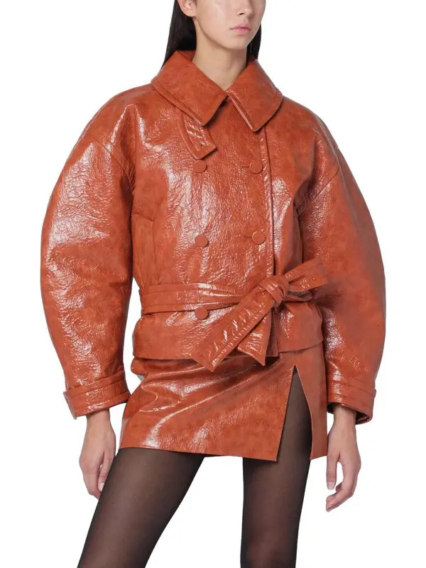 Andamane Faux Leather Belted Jacket - Brown