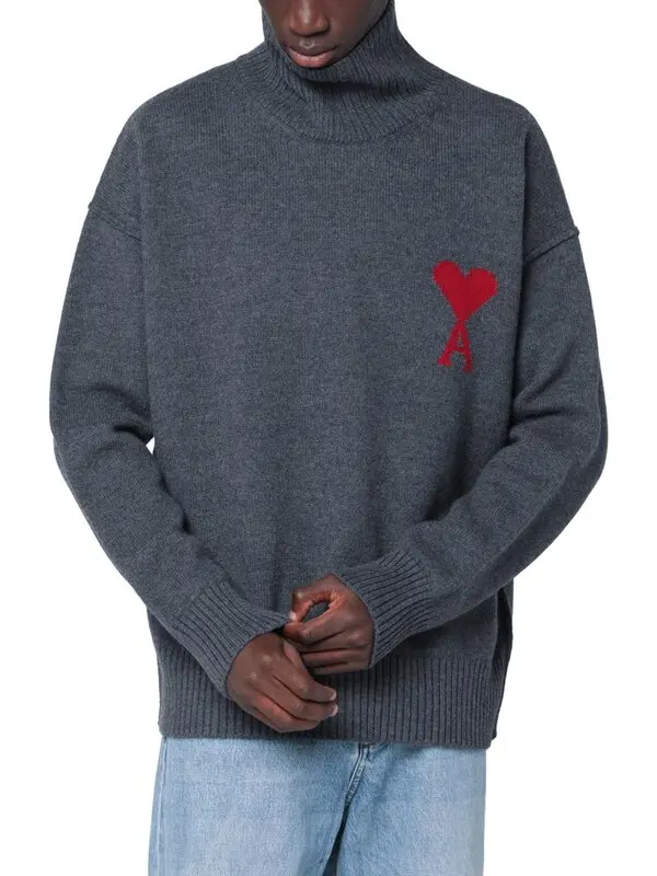 AMI Paris Wool Turtleneck Sweater With De Coeur Logo - Grey